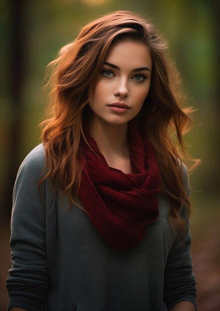Premium Ai Image Woman Red Hair Scarf Forest Ultra Face Short Top Heavily Haired Girl Female