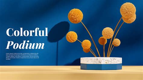 Желтая мимоза и синяя стена 3d рендеринг пустой сцены мрамор и подиум синего цвета в пейзаже