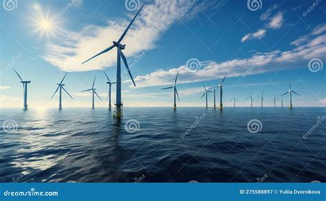 Offshore Windmill Farm In The Ocean Windmills Isolated At Sea On A