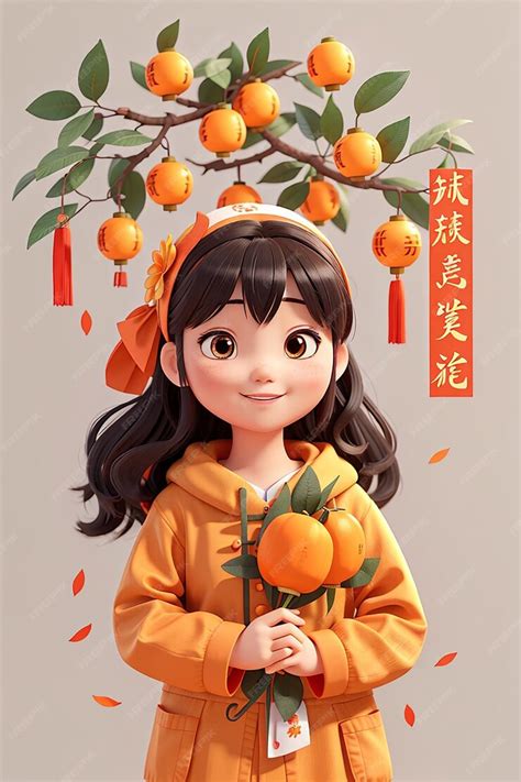 Premium Ai Image Cute Chinese Girl Holding Orange Chinese Happy Chinese Year Character