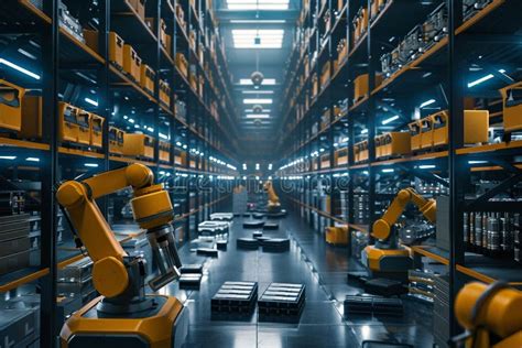 Automated Warehouse Scene Where Multiple Robotic Arms Are Efficiently