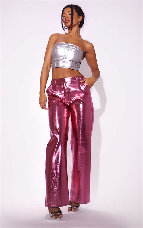 Pink Metallic Pu Straight Leg Tailored Pants Bottoms