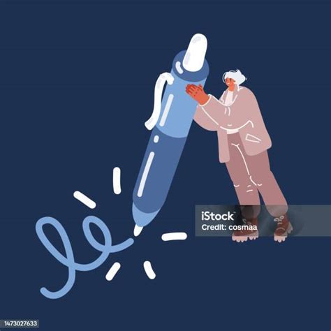 여자의 만화 벡터 삽화는 큰 만년필을 들고 있다 작가 블로거 언론인 면접관 카피라이터 공부에 대한 스톡 벡터 아트 및 기타 이미지 Istock