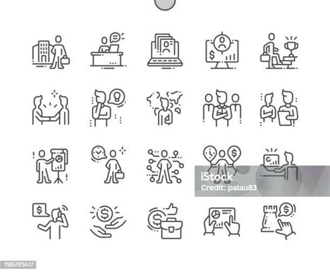 비즈니스 사람들 잘 만들어진 픽셀 완벽 한 벡터 얇은 라인 아이콘 30 2 X 2 X 그리드 웹 그래픽 및 애플 리 케이 션에 대 한 간단한 최소한의 그림 남자 사업가에