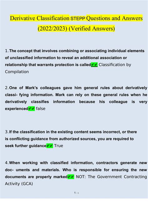 Derivative Classification Stepp Questions And Answers 20222023 Derivative Classification Stepp Questions And Answers 20222023