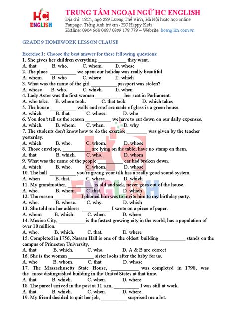 Grade 9 Homework Lesson Clause Địa Chỉ 18c1 Ngõ 289 Lương Thế Vinh Hà Nội Hoặc Học Online