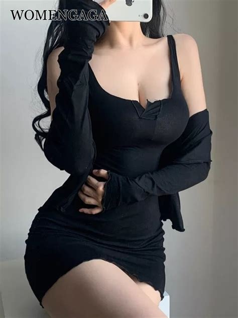 우아한 얇은 카디건 티셔츠 탱크 캐미솔 드레스 투피스 여성 의류 섹시한 소녀 여성 세트 Yyam 한국 가을드레스 슈트