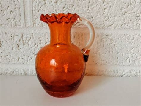 Vintage Orange Crackle Glass Pitcher Vase With Ruffled Top Etsy