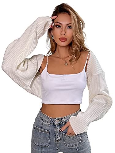 Shein Womens Long Sleeve Open Front Crop Cardigan Drop Shoulder Shrug Ribbed Knit Bolero