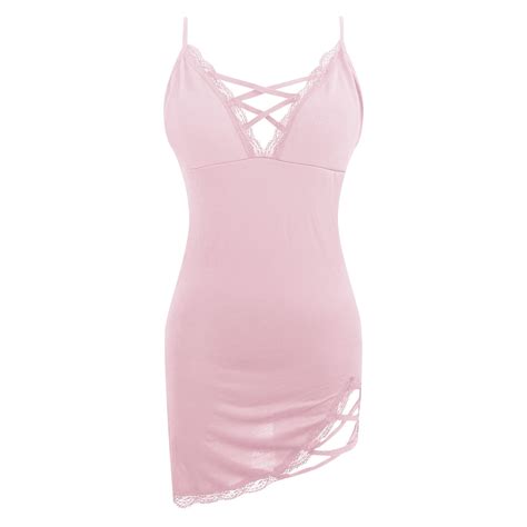 Rinsvye Women Nightgown V Neck Chemises Lace Sleepwear Full Slip Side Slit Sleep Dress Lingerie