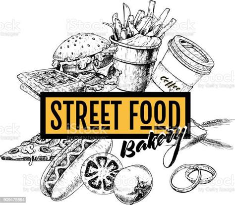 손으로 그린된 패스트 푸드 배너입니다 길거리 음식의 베이커리 햄버거 핫도그 감자 튀김 피자 커피와 Waffels 새겨진된 벡터 일러스트입니다 레스토랑 메뉴 길거리 음식