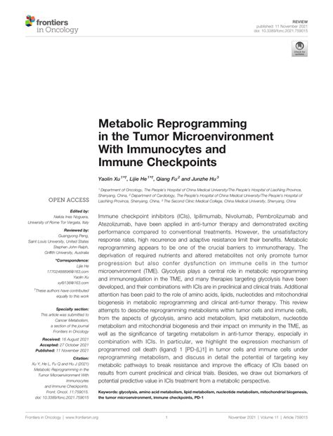 PDF Metabolic Reprogramming In The Tumor Microenvironment With