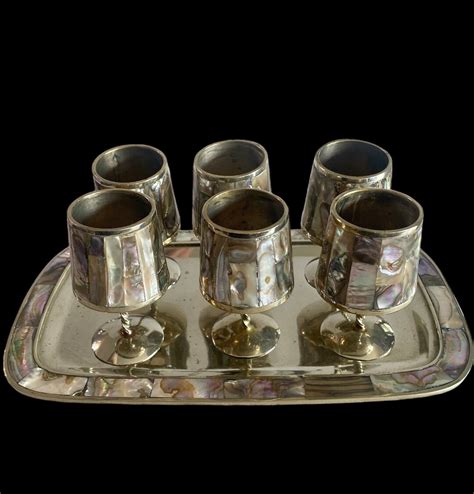 Vintage Alpaca Silver And Abalone Shell Set Of 6 Cordial Goblets And Tray