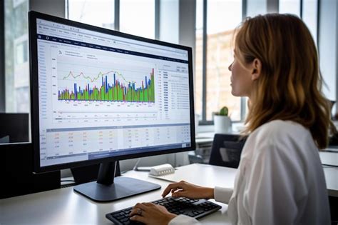 Premium Photo A Woman Is Looking At A Computer Screen That Has A Graph On It