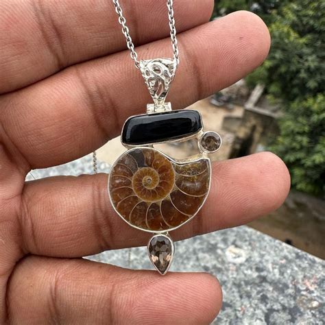 Ammonite Shell Sterling Silver Pendant Necklace Black Onyx And Smokey
