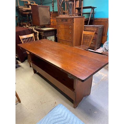 19th Century Primitive Pine Hutch Dining Table Set 6 Chairs With Built In Chest Set Of 7