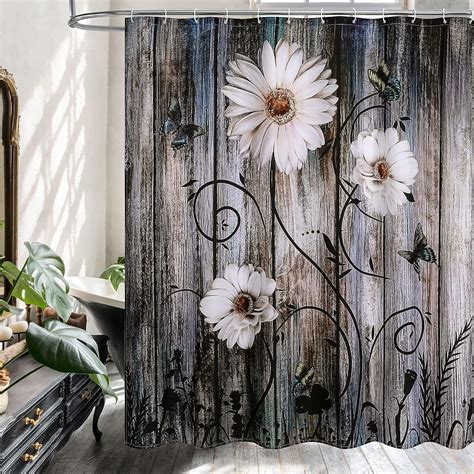 Rustic Daisy Shower Curtain Set With Hooks Butterfly Plant Floral