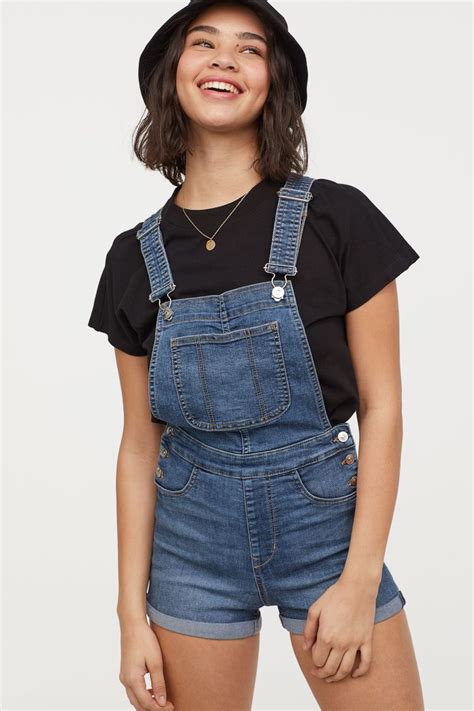 Denim Bib Overall Shorts Dark Blue Ladies Handm Us 1 Crop Overalls