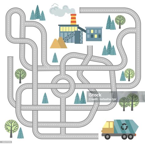 차량과 얽힌 도로가 있는 아이들을 위한 벡터 미로 게임 미로는 쓰레기 트럭이 재활용 공장에 도착하도록 도와줍니다 단일 차선 도로에 대한 스톡 벡터 아트 및 기타 이미지
