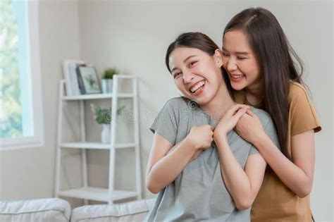 Happy Asian Girl Couple Cheerful Homosexual Couple Hugging Each Other
