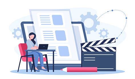 시나리오 작가 온라인 서비스 태블릿과 클래퍼 보드 근처에 노트북을 가진 여자 카피라이터는 영화 대본을 씁니다 영화 제작 및 영화 제작 평면 벡터 일러스트 레이 션 감독에