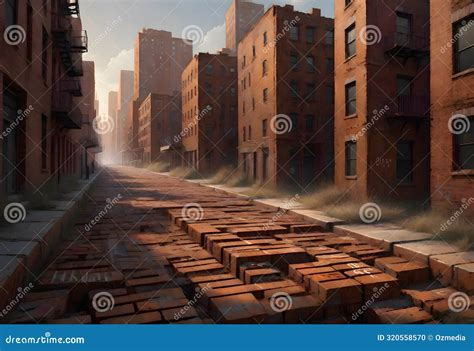 Serene Empty Urban Street Scene At Sunset With Textured And Detailed