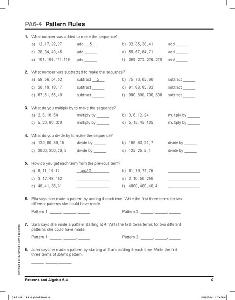 Grade 6 Worksheets Patterns And Algebra Patterns And Algebra 6 4 9