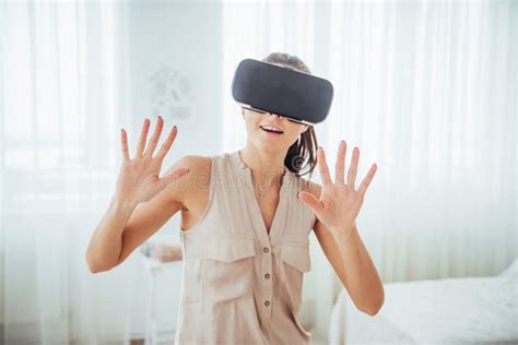 Happy Woman Gets Experience Of Using Vr Glasses Virtual Reality Headset