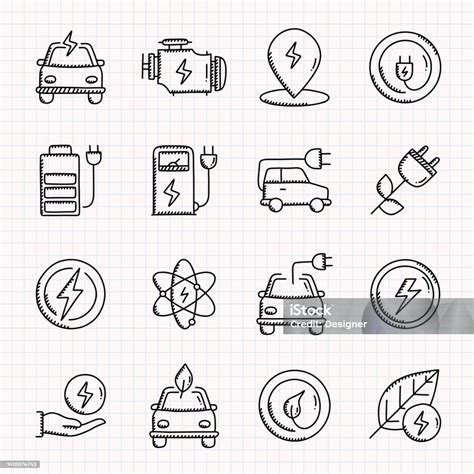 전기 자동차 관련 손으로 그린 아이콘 세트 낙서 스타일 벡터 일러스트 레이 션 전기 자동차 대체 연료 자동차에 대한 스톡 벡터 아트 및 기타 이미지 전기 자동차 대체
