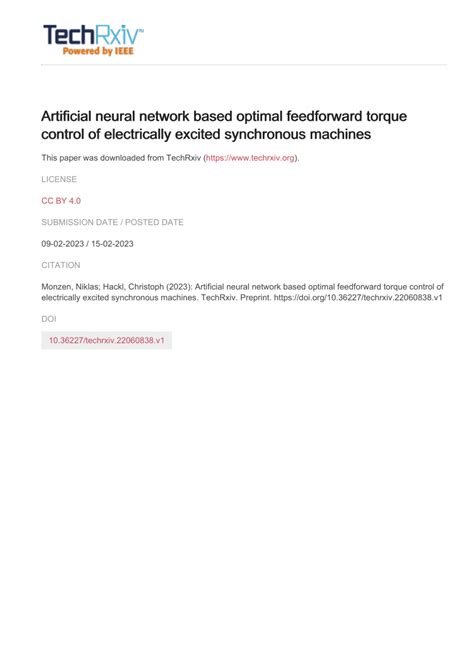 Pdf Artificial Neural Network Based Optimal Feedforward Torque Control Of Electrically Excited