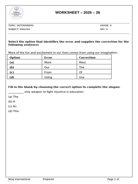 Determiners Worksheet Pdf