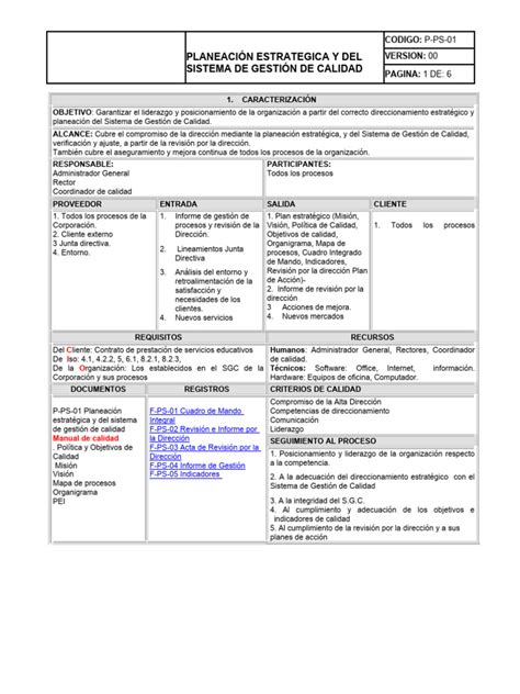 P Ps 01 Planeación Y Dirección Del S G C Pdf Sistema De Manejo De
