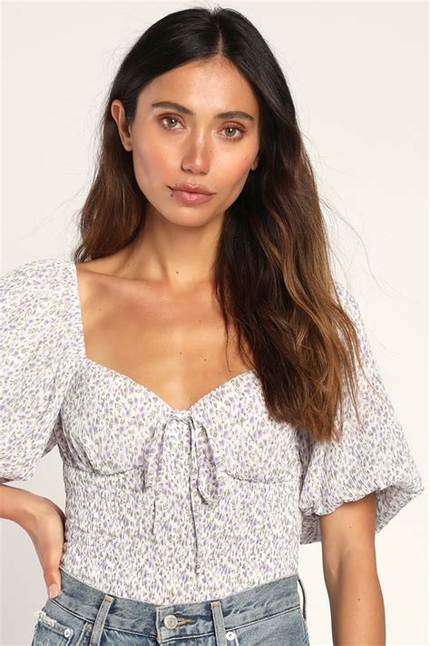 Lilac Floral Bodysuit Smocked Bodysuit Floral Puff Sleeve Top Lulus