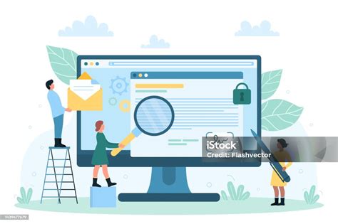 디지털 문서 서명 법적 양식에 서명하기 위해 돋보기와 펜을 들고 있는 작은 사람들 감시에 대한 스톡 벡터 아트 및 기타 이미지 감시 개념 건강관리와 의술 Istock