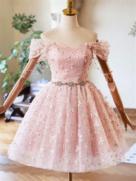 Pink Tulle Knee Length Party Dress Lovely Off The Shoulder Evening