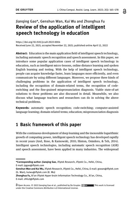 Pdf Review Of The Application Of Intelligent Speech Technology In Education
