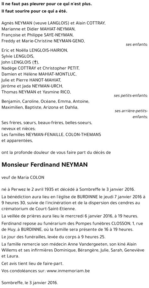 Avis De Décès De Ferdinand Neyman Décédé Le 03 01 2016 à Sombreffe Annonce Condoléances