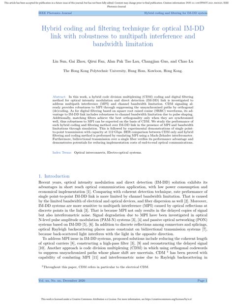 Pdf Hybrid Coding And Filtering Technique For Optical Im Dd Link With