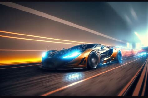 Speeding Fast Sports Car Drives On Highway Road With Motion Blur