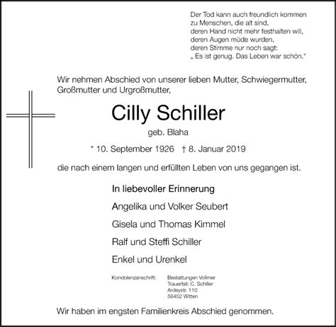 Traueranzeigen Von Cilly Schiller Trauer In Nrw De