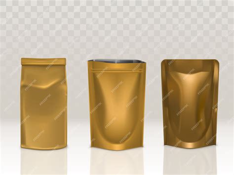 클립 및 Doy 팩 황금 종이 또는 호 일 향 주머니 파우치에 고립 된 투명 한 배경을 설정합니다 무료 벡터