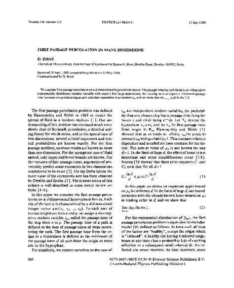 Pdf First Passage Percolation In Many Dimensions