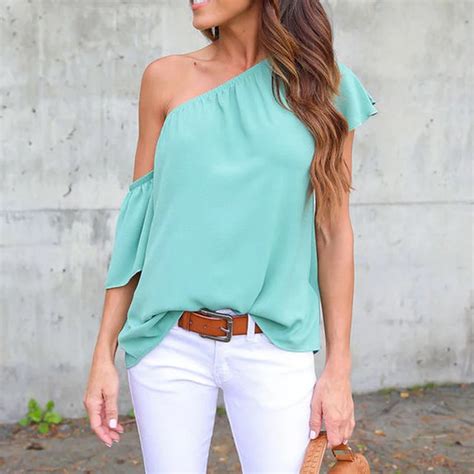 Women Summer Off Shoulder Tops One Shoulder Off Pearl Ruffle Collar