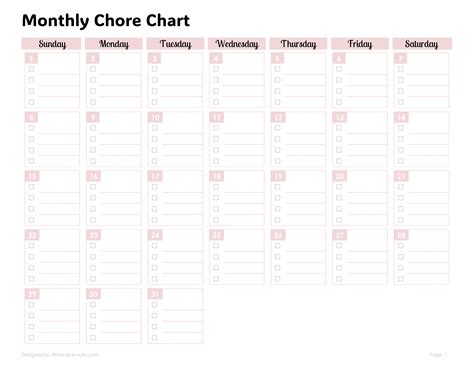 Printable Monthly Chore Chart Template Wordlayouts