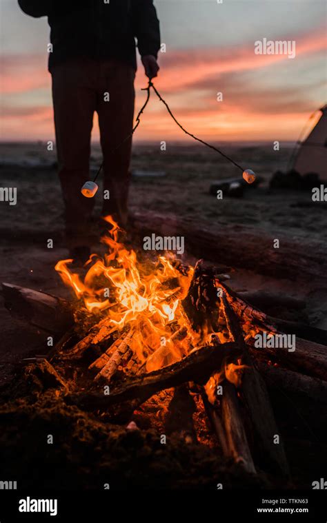 Low Section Of Man Roasting Marshmallows Over Campfire At Beach Stock