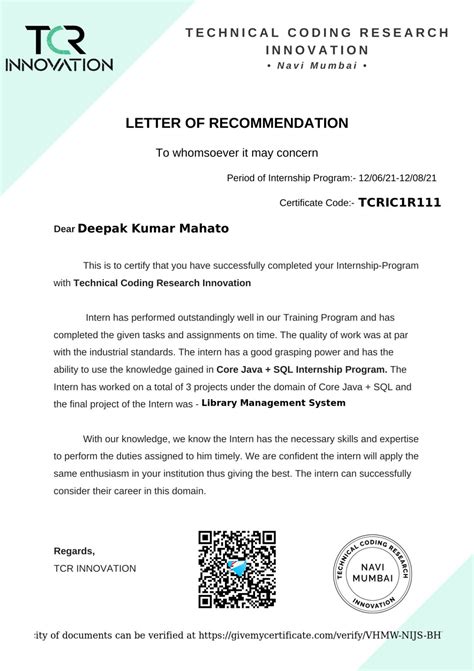 Deepak Kumar Mahato On Linkedin Tcrinnovation Letterofrecommendation