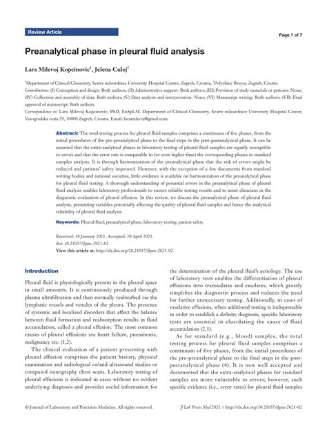 Pdf Preanalytical Phase In Pleural Fluid Analysis