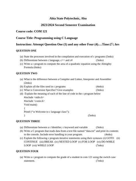 Marking Scheme Com121 2023and24 011353 Pdf Control Flow C Programming Language