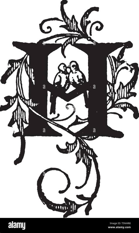 A Floral Capital Letter H Vintage Line Drawing Or Engraving