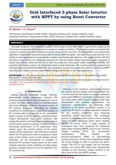 Grid Interfaced 3 Phase Solar Inverter With Mppt By Using Boost Converter Pdf